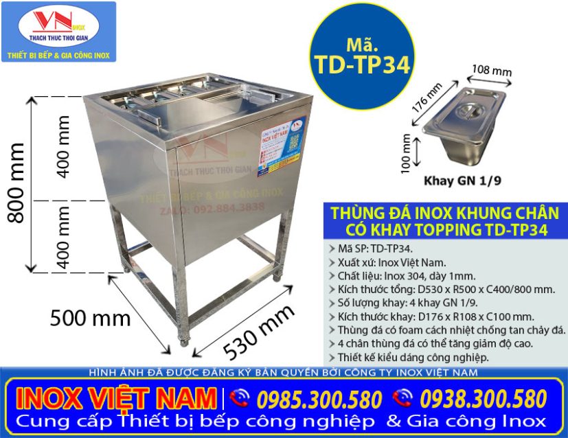 Thùng Đá Inox Có Khung Chân Và Khay Topping TD-TP34 - Bếp Inox Việt Nam